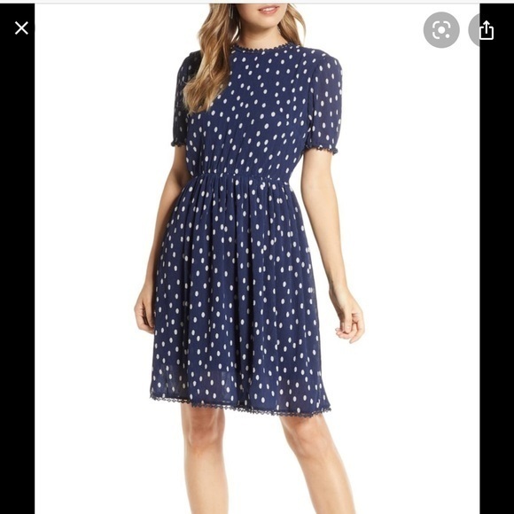 1901 | Dresses | 91 Polka Dot Chiffon Fitflare Dress Blue Large | Poshmark